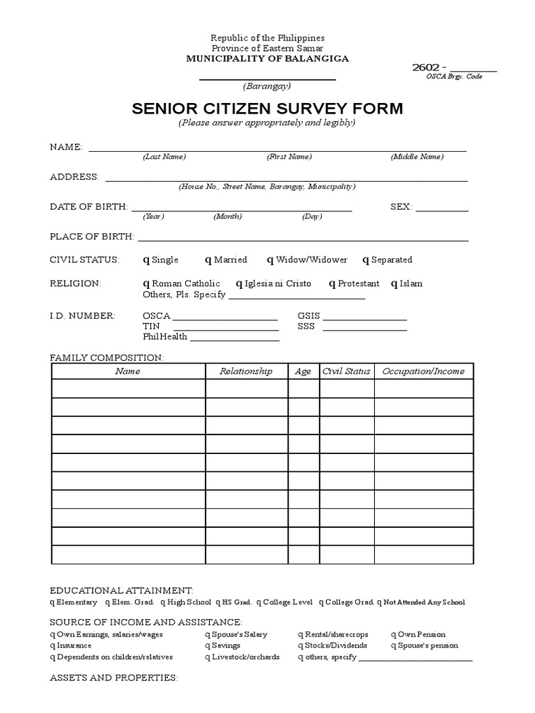 Senior Citizen Survey Form (Long) | PDF | Medicine | Wellness