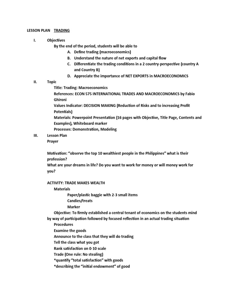 Trading Lesson Plan in Macroeconomics | PDF | Balance Of Trade | Exports