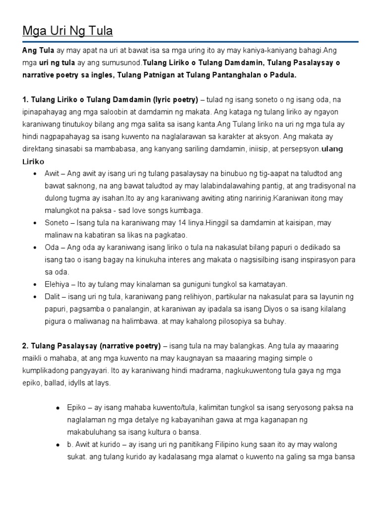 Mga Uri NG Tula | PDF