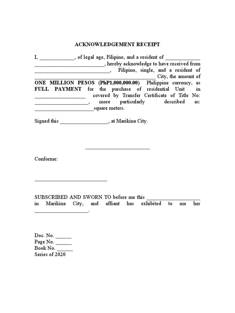 ACKNOWLEDGEMENT RECEIPT of Payment Sample | PDF