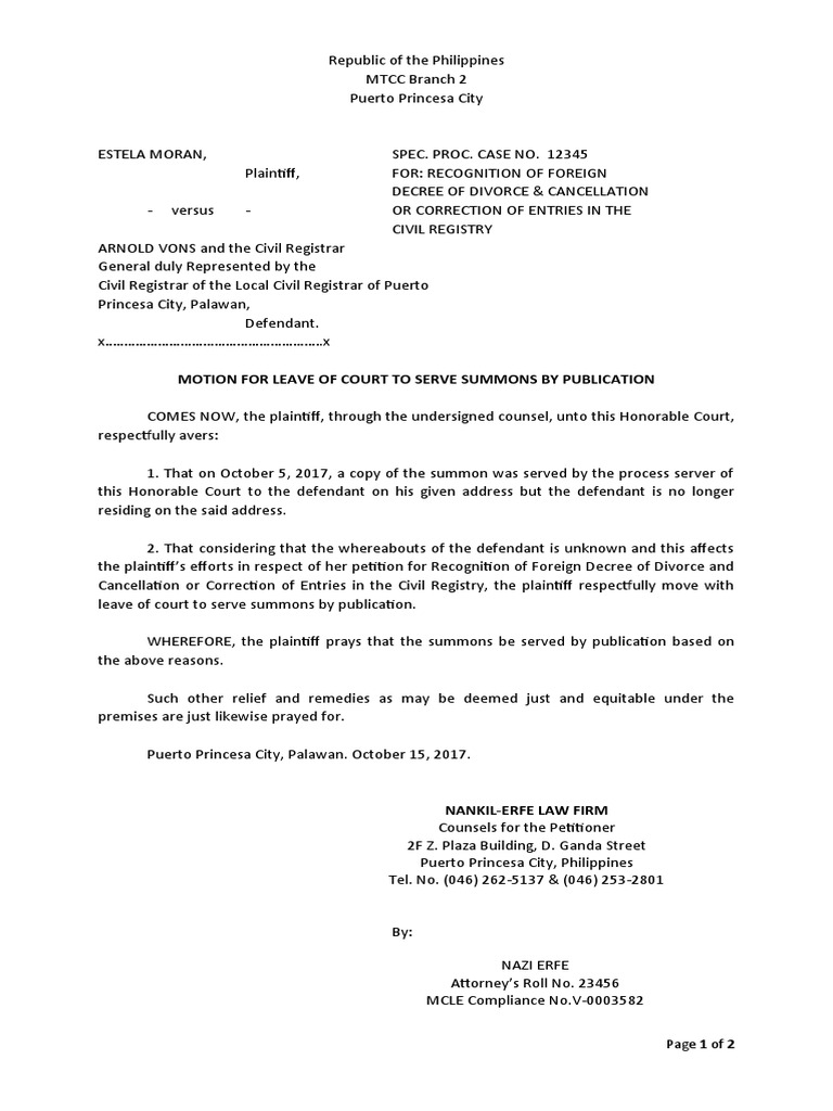 Motion For Leave of Court To Serve Summons by Publication | PDF ...