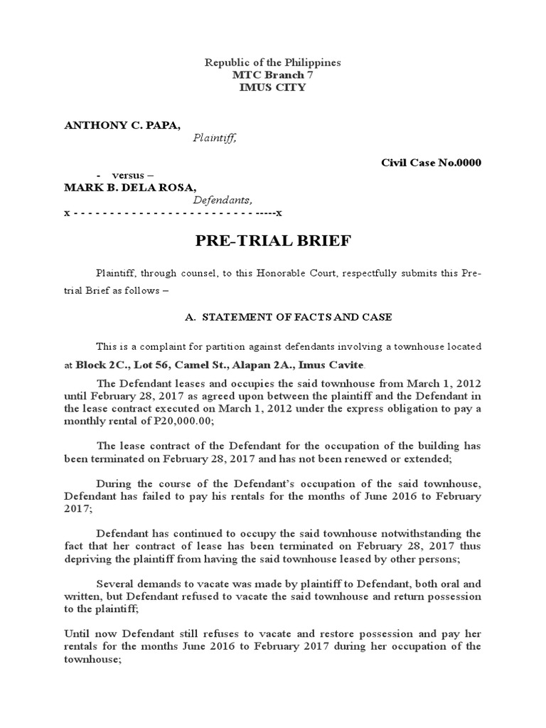 Pre Trial Brief Civil-Case | PDF | Settlement (Litigation) | Discovery ...