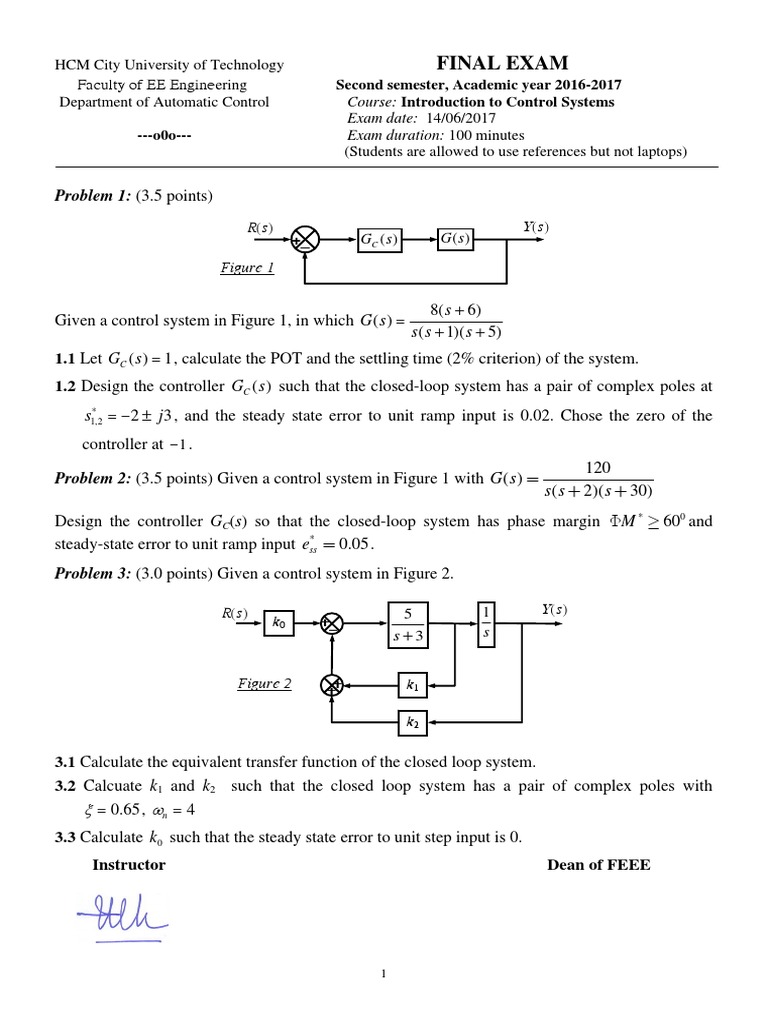 IntroCtrlSys - Final Exam - 2nd Semester - 1617 PDF | PDF