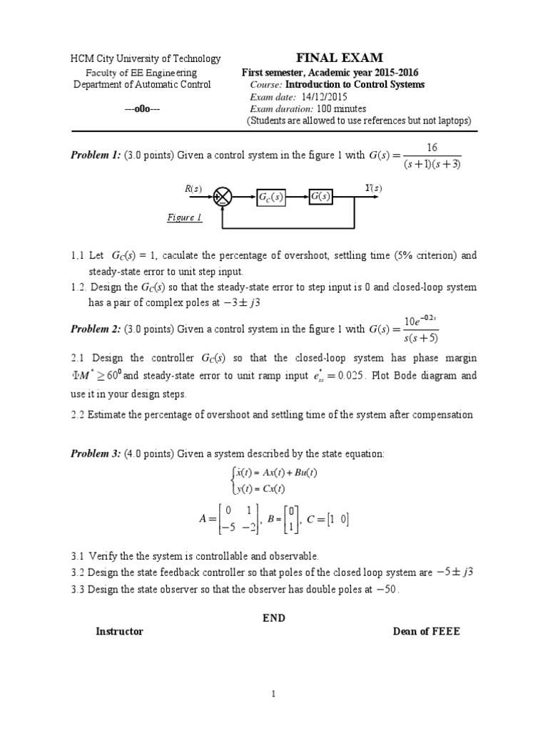 IntroCtrlSys - Final Exam - Fall Semester - 1516 PDF | PDF | Control Theory | Control System