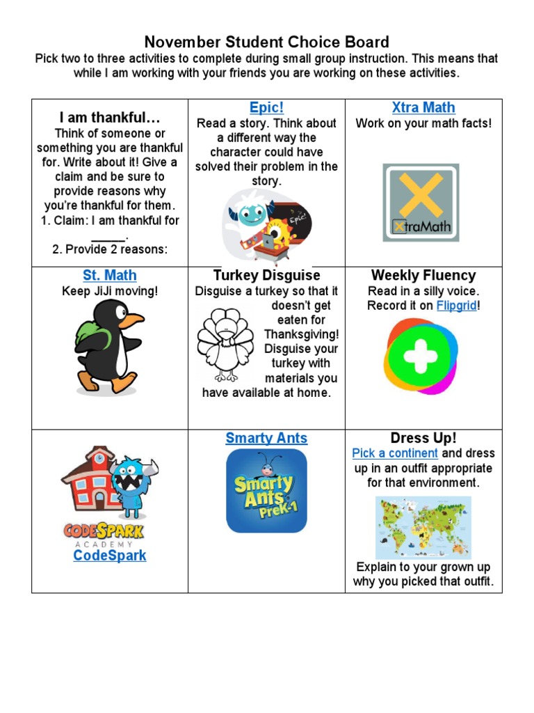 November Student Choice Board Activities | PDF