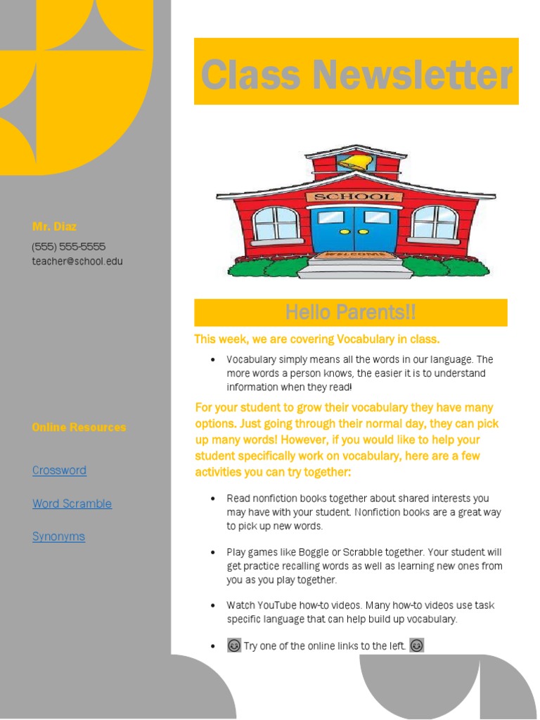 Class Newsletter Vocabulary | PDF