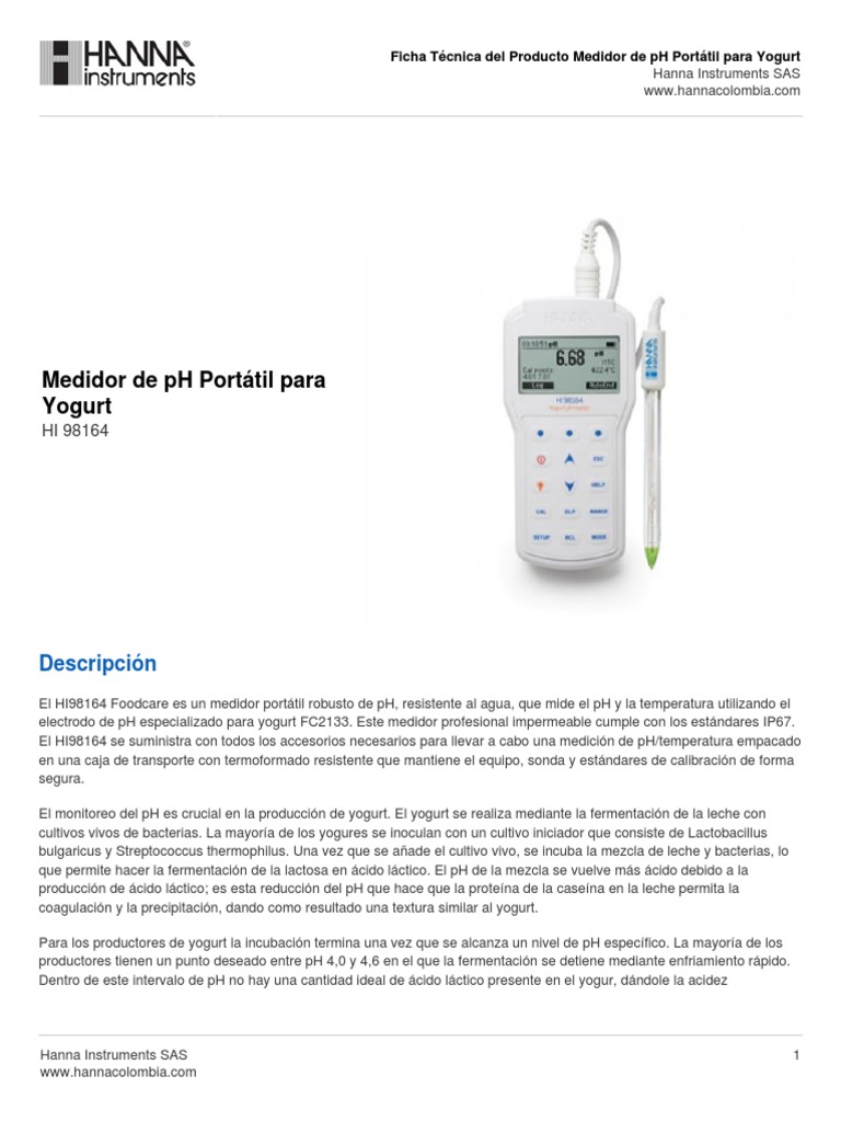 Ficha Tecnica Medidor de Descarga PH | PDF | Yogur | Lechería