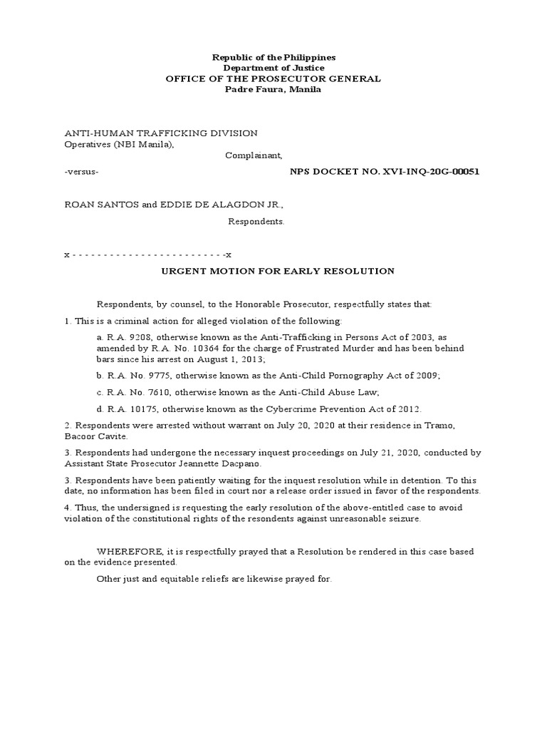 Motion For Early Resolution | PDF | Prosecutor | Crime & Violence