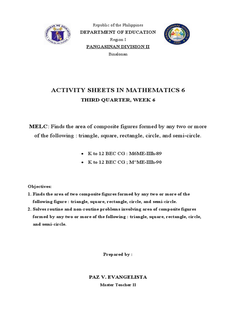 Grade 6 Math Activity Sheets: Area | PDF | Area | Geometry