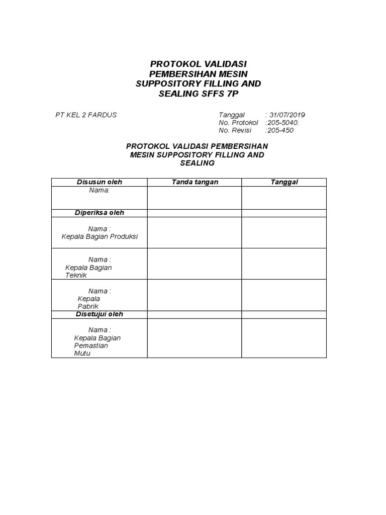 Protokol Validasi Pembersihan Mesin Suppository Filling and Sealing ...