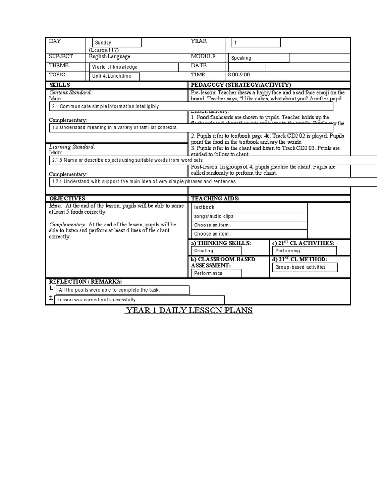 Year 1 Daily Lesson Plans: Skills Pedagogy (Strategy/Activity) | PDF ...
