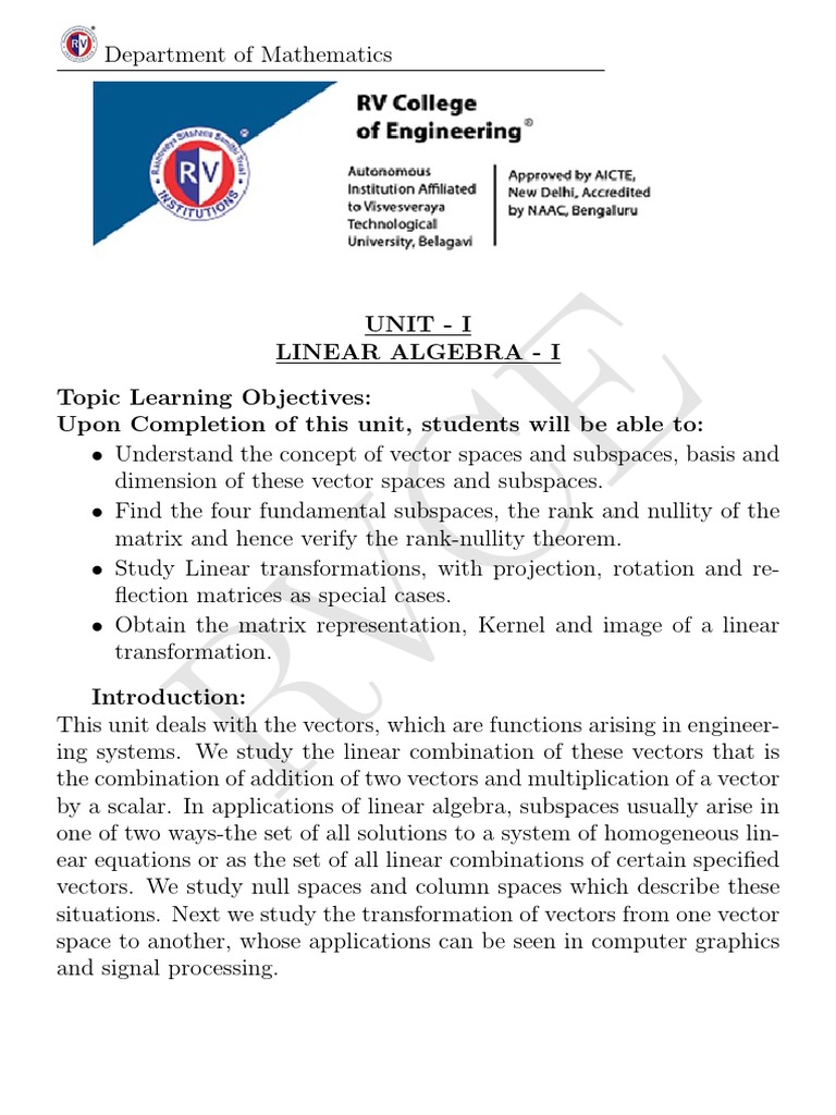 Unit 1-Linear Algebra-I | PDF | Linear Map | Linear Subspace Unit 1-Linear Algebra-I | PDF | Linear Map | Linear Subspace
