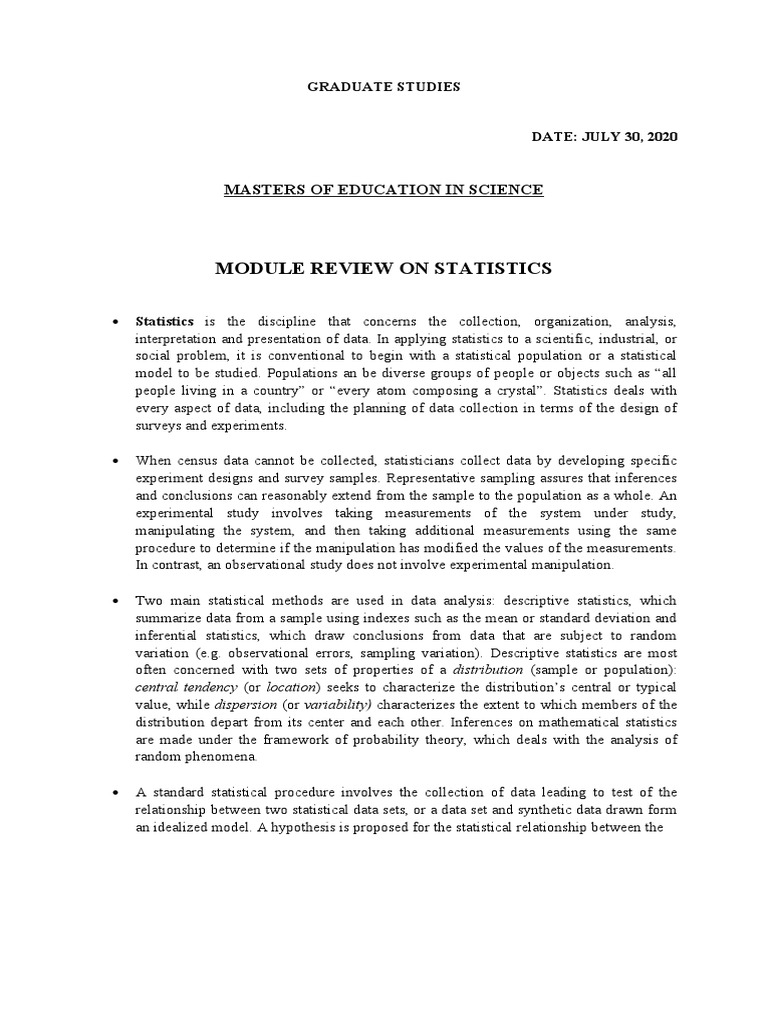 Module Review On Statistics: Masters of Education in Science | PDF ...