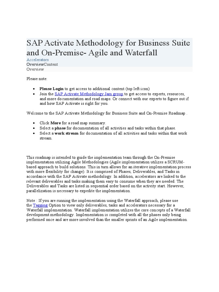 SAP Activate Methodology For Business Suite and On-Premise-Agile and Waterfall | PDF | Software ...