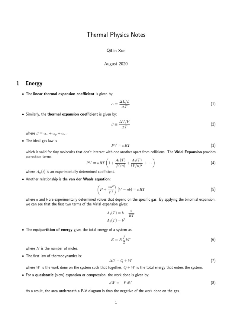 Thermal Physics Notes: 1 Energy | PDF | Heat | Temperature