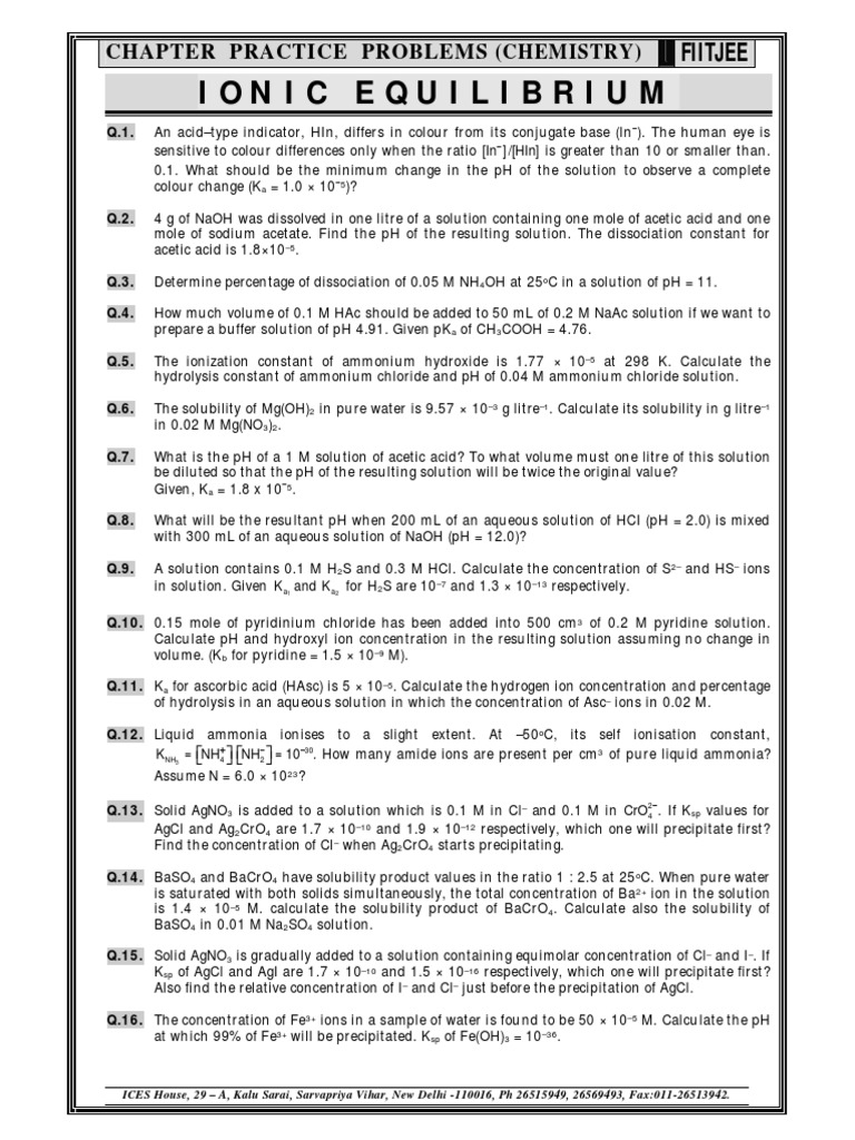 Ionic Equilibrium: Solutions to Practice Problems on Acid-Base Equilibria, Solubility Equilibria ...