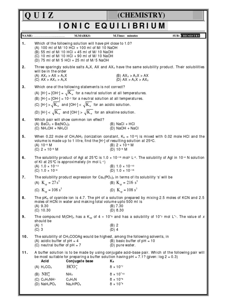 Quiz-Ionic Equilibrium-Vd - SND | PDF | Acid Dissociation Constant | Ph