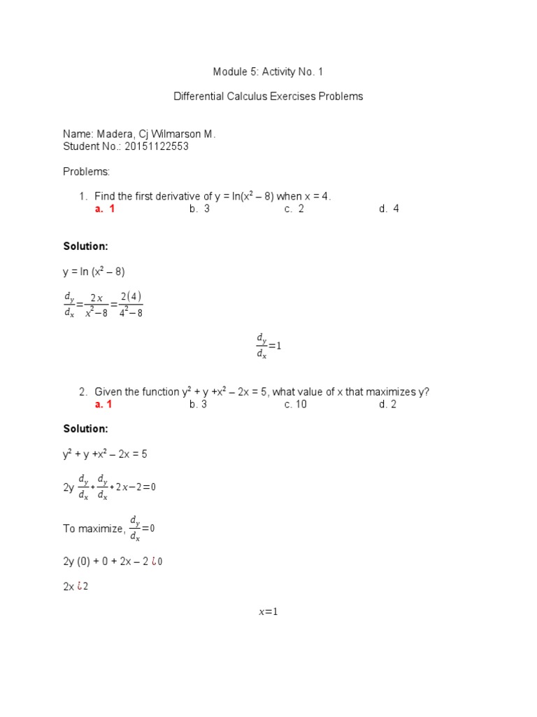 Madera CJ Differential Calculus Exercises Problem 1 | PDF