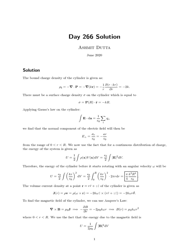 Day 266 Solution: Ashmit Dutta | PDF | Magnetic Field | Mechanics