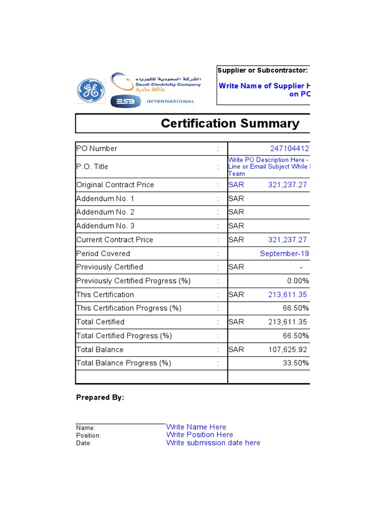 Certification Summary: Write Name of Supplier Here - As Mentioned On PO ...