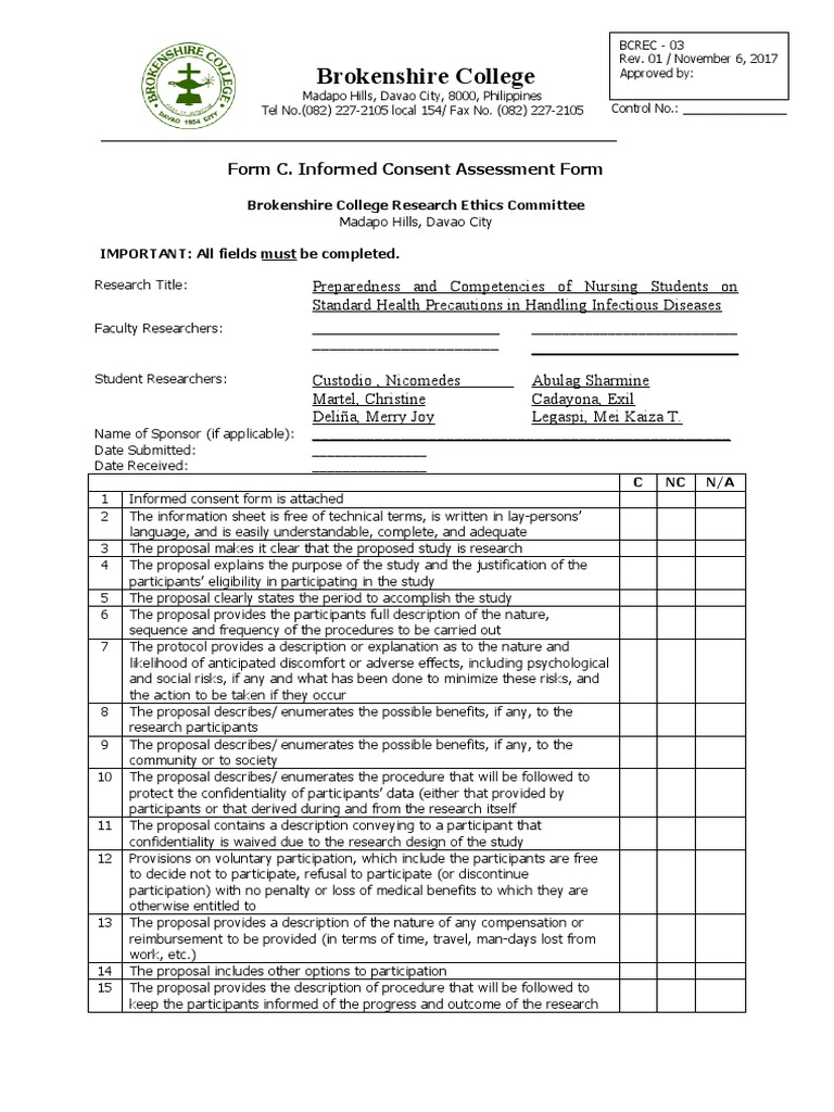 Form C Informed Consent Assessment Form | PDF | Consent | Informed Consent