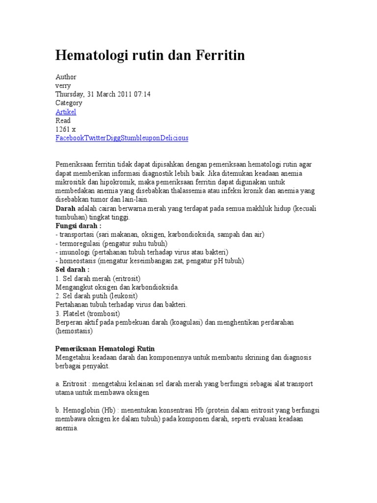 Hematologi Rutin Dan Ferritin | PDF