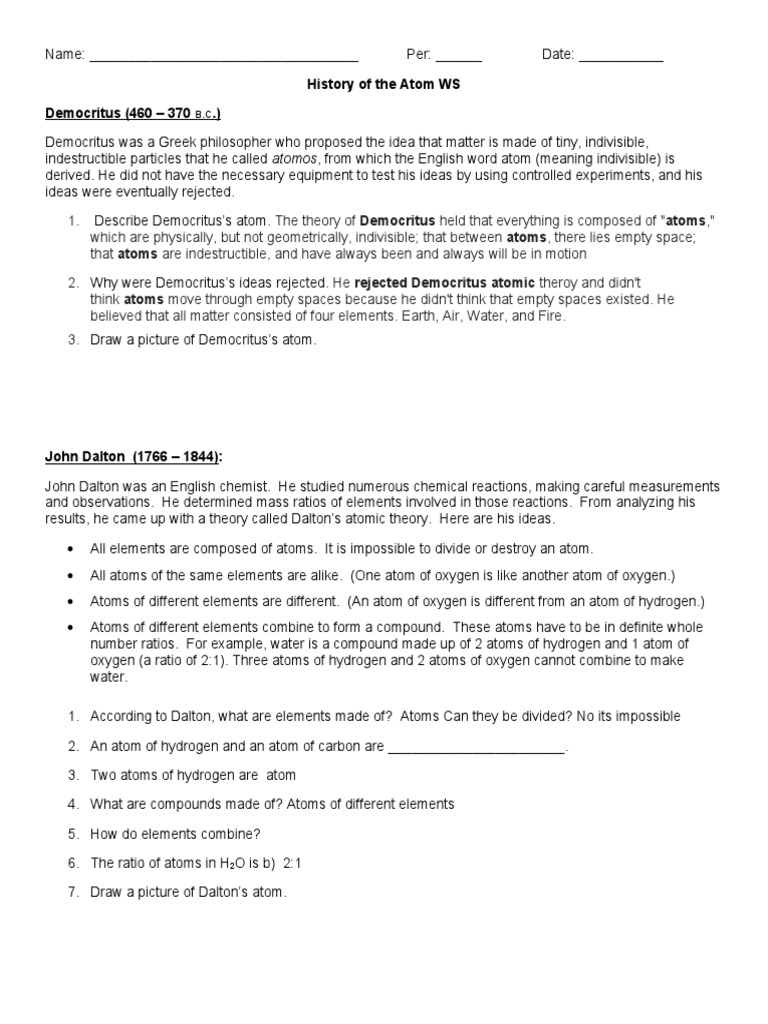 Ws 1b - History of The Atom Worksheet | PDF | Atoms | Atomic Nucleus