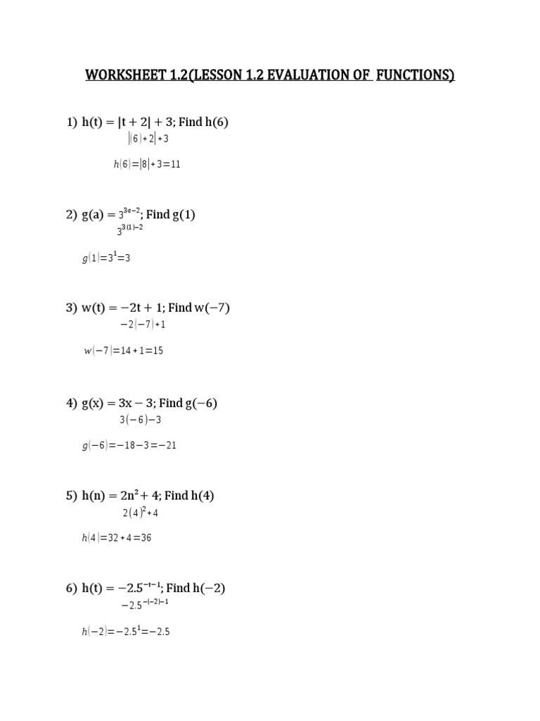 Function Evaluation Worksheet | PDF