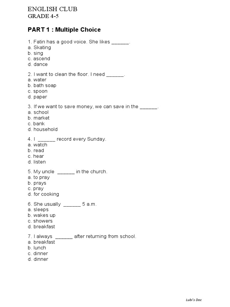 PART 1: Multiple Choice: GRADE 4-5 | PDF | Entertainment (General)