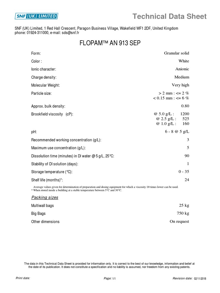 Flopam™ An 913 Sep: Technical Data Sheet | PDF | Materials Science ...