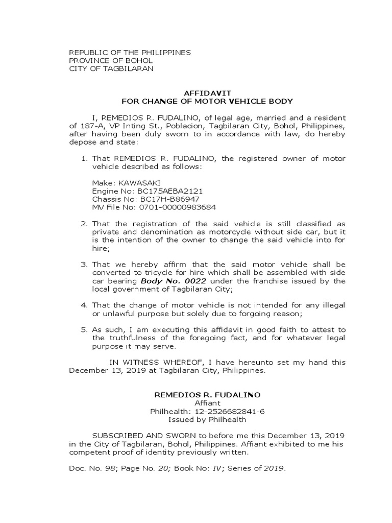 Affidavit of Change of Body of Motor Vehicle - LTO | PDF
