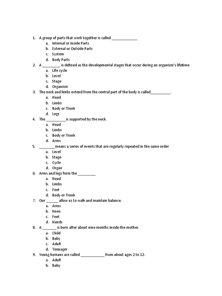 Science Long Test Grade 1 | Download Free PDF | Hand | Foot