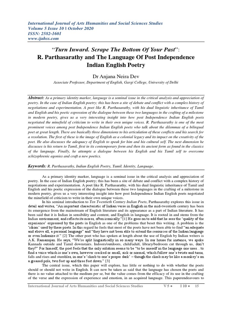 "Turn Inward. Scrape The Bottom of Your Past": R. Parthasarathy and The ...