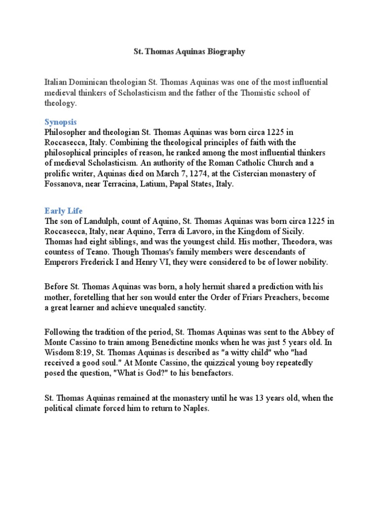 Thomas Aquinas Biography | PDF | Thomas Aquinas | Philosophical Theories