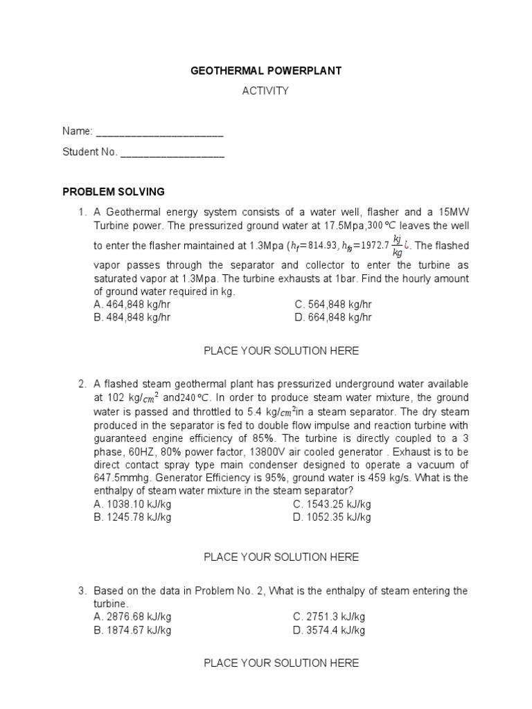 Geothermal Power Plant Problem Set | PDF | Enthalpy | Power Station
