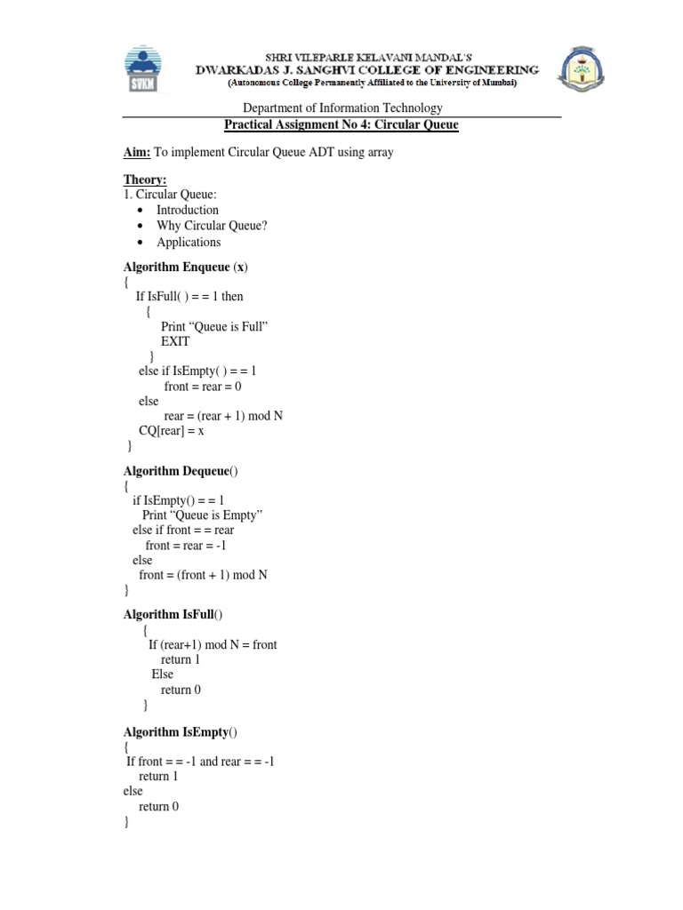 Practical Assignment No 4: Circular Queue Aim: To Implement Circular Queue ADT Using Array ...