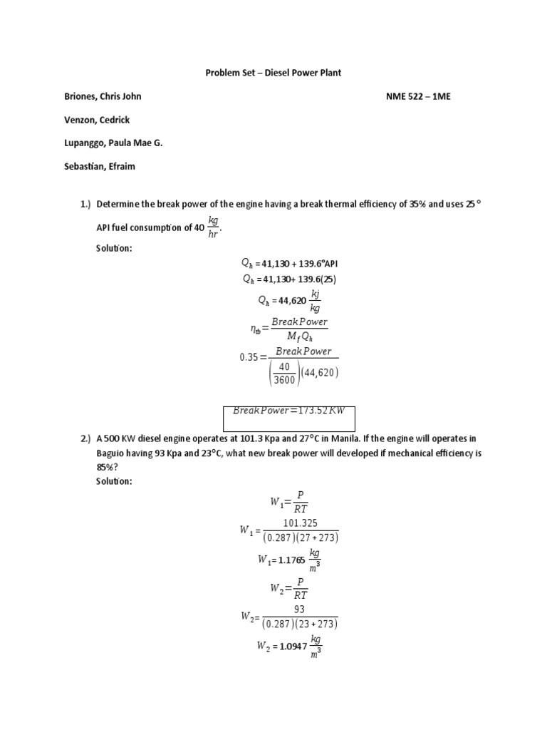 Problem Set - Diesel Power Plant Briones, Chris John NME 522 - 1ME ...