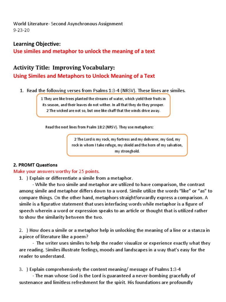 Learning Objective:: Use Similes and Metaphor To Unlock The Meaning of ...