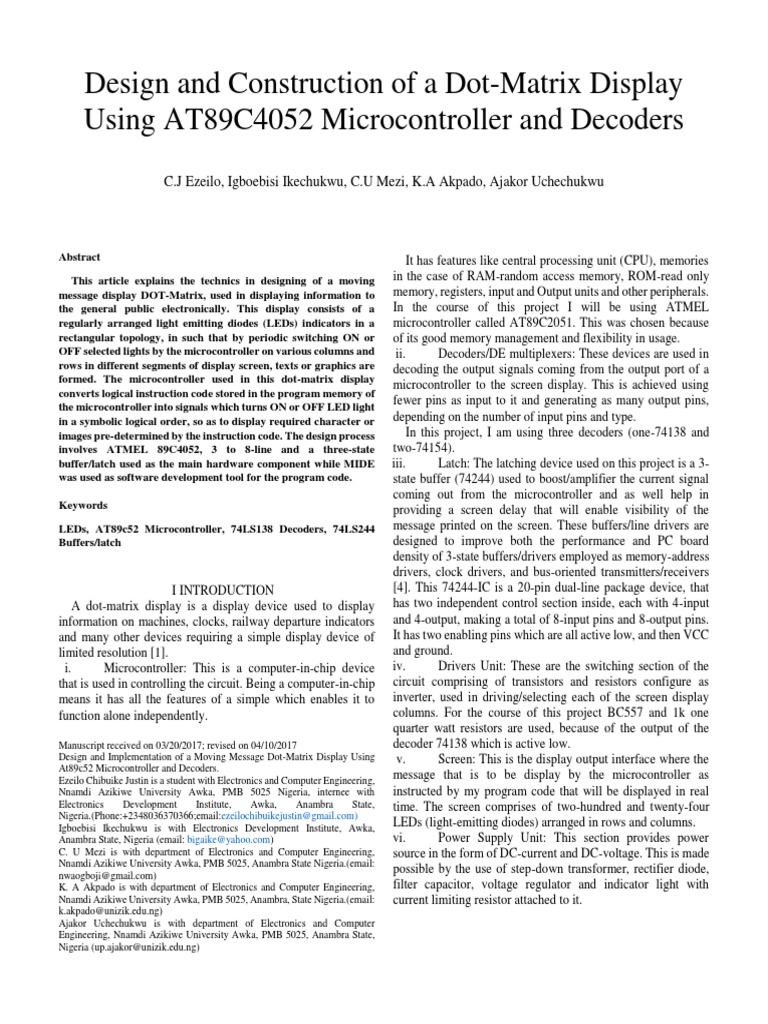Design and Construction of A Dot-Matrix Display Using AT89C4052 ...