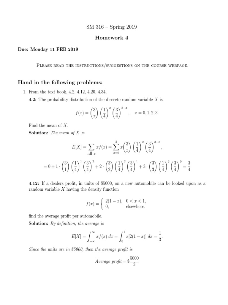 Homework 4: Solving Probability Problems Involving Discrete and Continuous Random Variables ...