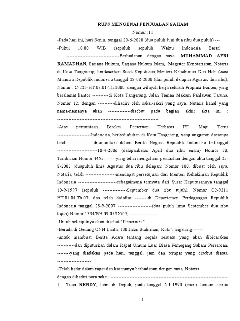 Akta Rups Mengenai Penjualan Saham | PDF