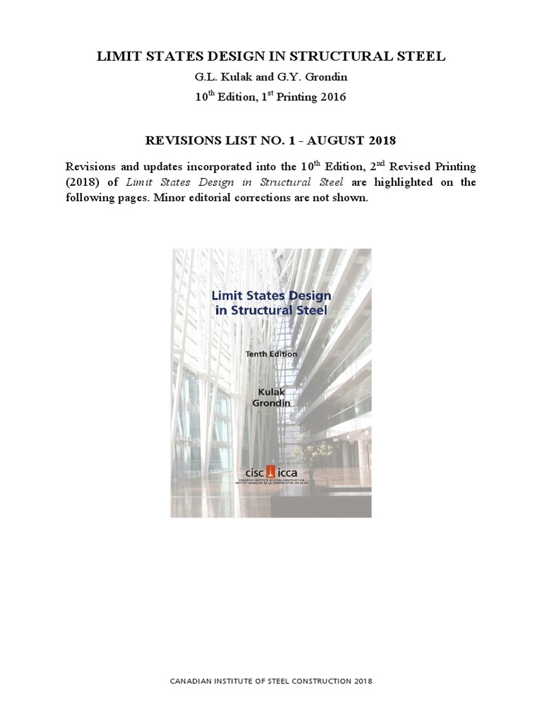 Limit States Design in Structural Steel: Revisions List No. 1 - August ...
