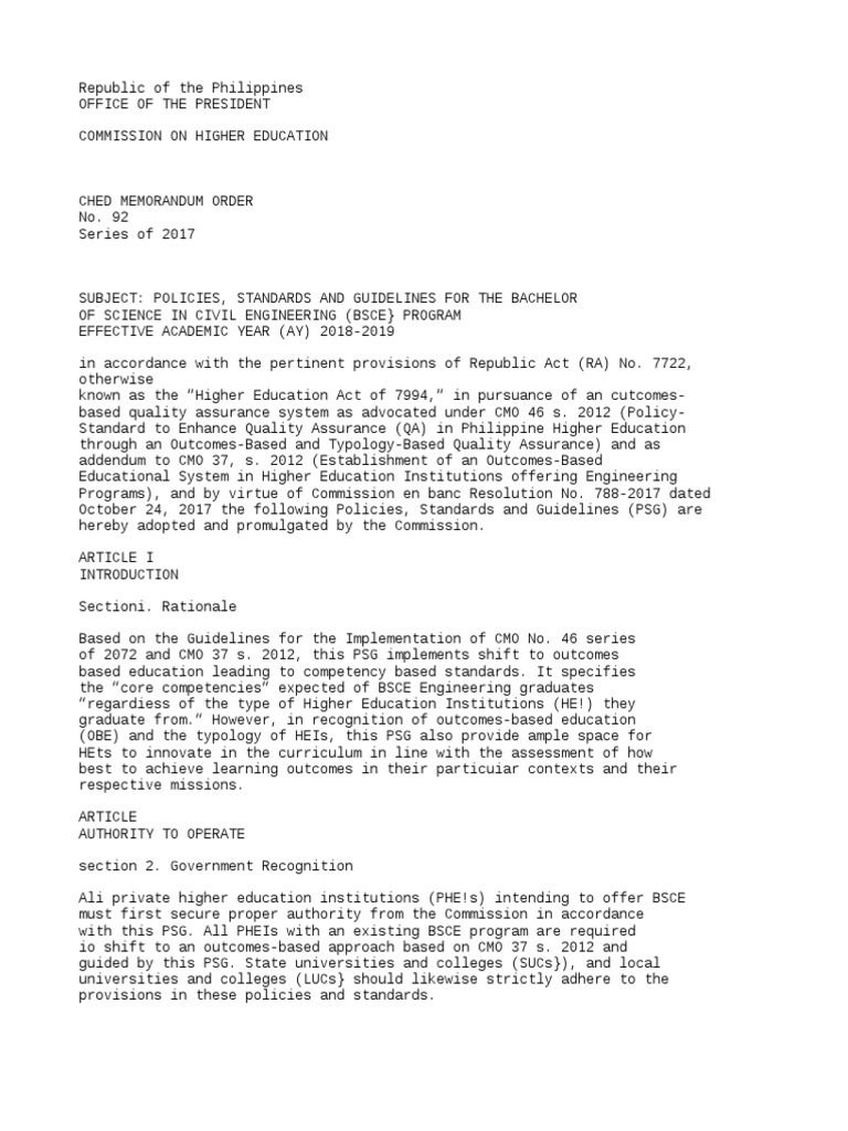 CMO 92 S. 2017 BS Civil Engineering | PDF | Educational Assessment ...