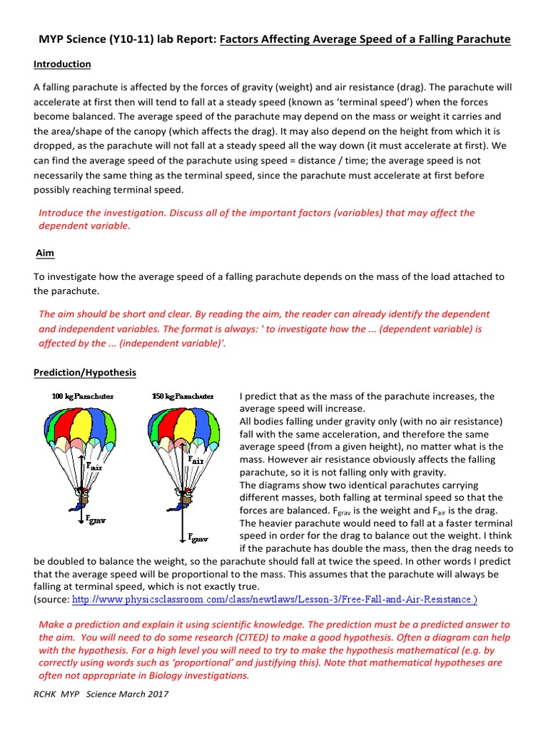 Model Lab Report (Parachutes) Y10,11 2017 Annotated | PDF | Parachute ...
