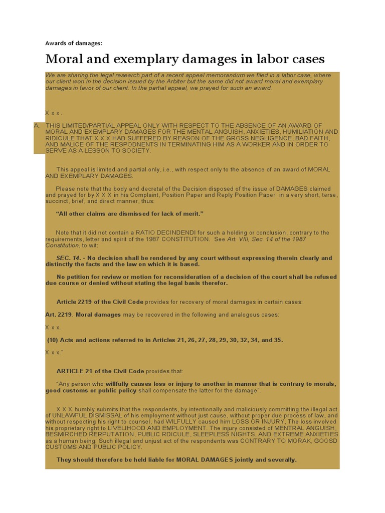 Moral and Exemplary Damages in Labor Cases | PDF | Punitive Damages ...