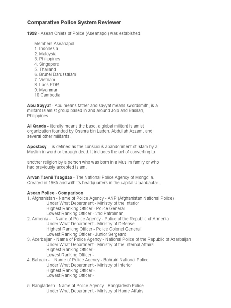 Comparative Police System Reviewer | PDF | Organized Crime | Monarchy