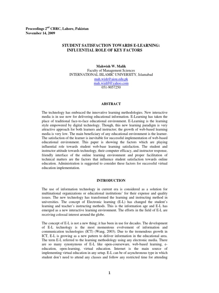 STUDENT SATISFACTION TOWARDS E-LEARNING INFLUENTIAL ROLE OF KEY FACTORS (Mahwish W. Malik) | PDF ...