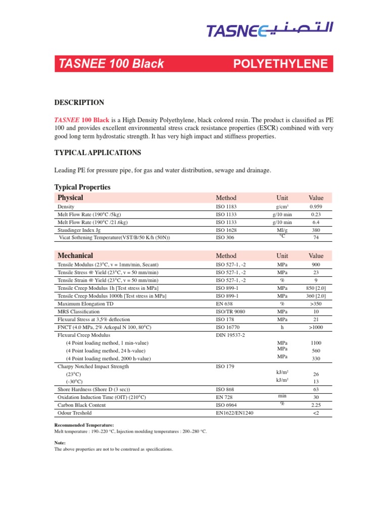 TASNEE 100 Black Polyethylene: Description | PDF | Creep (Deformation ...
