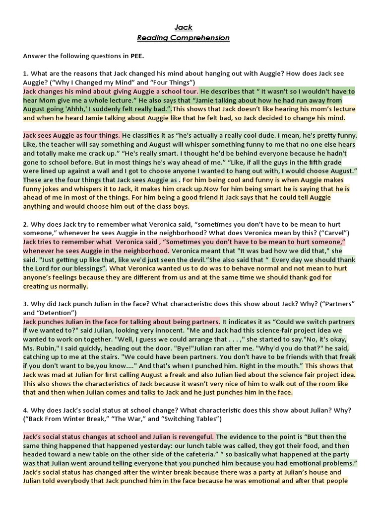 Jack Comprehension Worksheet From The Book Wonder and Also Practice ...