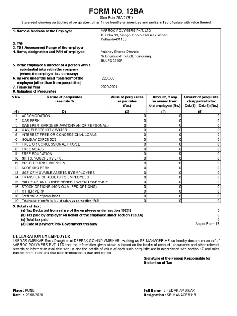 Form No. 12ba: Declaration by Employer | Download Free PDF | Employee ...